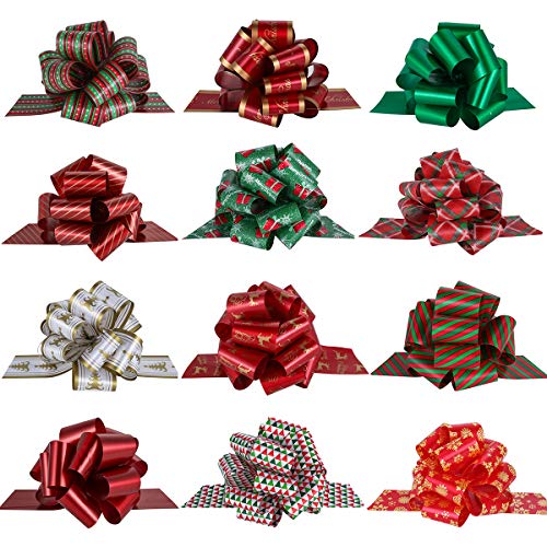 PintreeLand 24PCS Christmas Wrap Pull Bows with Ribbon 5” Wide Wrapping Accessory for Xmas Present, Gift, Florist, Bouquet, Basket(24 PCS)