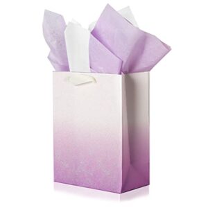 UNIQOOO 12Pcs Ombre Purple Gift Bags Bulk w/ 24 Tissue Paper, 9 x 7 x 4 In, Gradient Pastel Glitter Paper Gift Wrap Bag, Recyclable Gift Packaging for Wedding Birthday Mother's Day Baby Shower Party Favor Décor