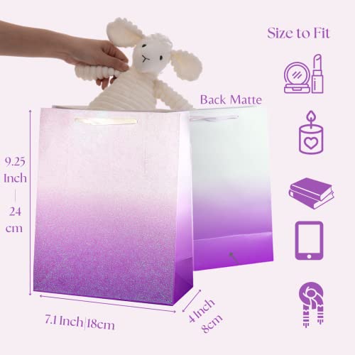 UNIQOOO 12Pcs Ombre Purple Gift Bags Bulk w/ 24 Tissue Paper, 9 x 7 x 4 In, Gradient Pastel Glitter Paper Gift Wrap Bag, Recyclable Gift Packaging for Wedding Birthday Mother's Day Baby Shower Party Favor Décor