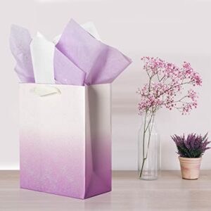 UNIQOOO 12Pcs Ombre Purple Gift Bags Bulk w/ 24 Tissue Paper, 9 x 7 x 4 In, Gradient Pastel Glitter Paper Gift Wrap Bag, Recyclable Gift Packaging for Wedding Birthday Mother's Day Baby Shower Party Favor Décor