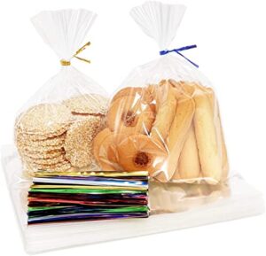 100pcs cellophane bags 6×9 inches, clear treat bags with 4’’ twist ties, plastic cello bags – 1.4 mils thick opp rice crispy bags for gift goodie favor candy cake pop birthday party cookies (6’’ x 9’’)