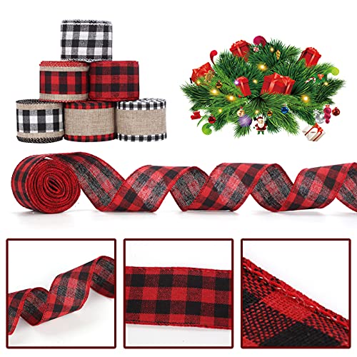 HOMSHIAM 6 Rolls Christmas Burlap Fabric Ribbon , 30 Yards Buffalo Check Ribbon Plaid Wired Edge Ribbon for DIY Gift Wrapping, Wedding Crafts Christmas Wreath Bows Decoratio