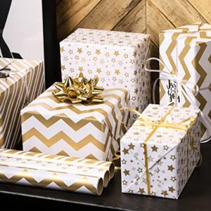 Packanewly Wrapping Paper Set - 17 inch x 120 inch White Gold Designs Mini Roll with Ribbon and Tag Stickers (3-Pack, 42.3 sq.ft.ttl.)