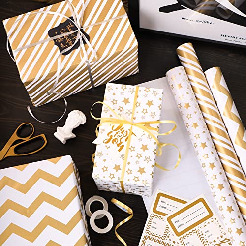 Packanewly Wrapping Paper Set - 17 inch x 120 inch White Gold Designs Mini Roll with Ribbon and Tag Stickers (3-Pack, 42.3 sq.ft.ttl.)