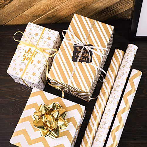 Packanewly Wrapping Paper Set - 17 inch x 120 inch White Gold Designs Mini Roll with Ribbon and Tag Stickers (3-Pack, 42.3 sq.ft.ttl.)