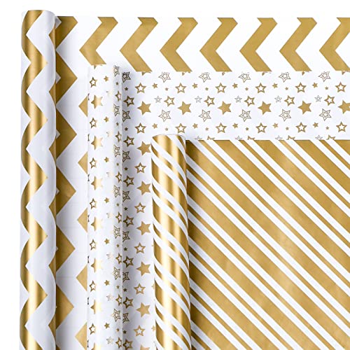 Packanewly Wrapping Paper Set - 17 inch x 120 inch White Gold Designs Mini Roll with Ribbon and Tag Stickers (3-Pack, 42.3 sq.ft.ttl.)