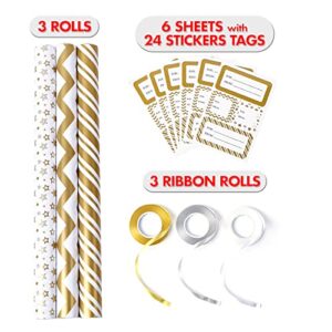 Packanewly Wrapping Paper Set - 17 inch x 120 inch White Gold Designs Mini Roll with Ribbon and Tag Stickers (3-Pack, 42.3 sq.ft.ttl.)