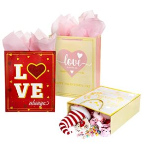 JOYIN 6 Pcs Valentine’s Day Gift Bags with Tissue Paper and Handles, Super Large 5.5 X13 X16 inch, Kraft Bags with 3 Designs for Kids Party Favor, Classroom Exchange Prizes, Present Wrapping