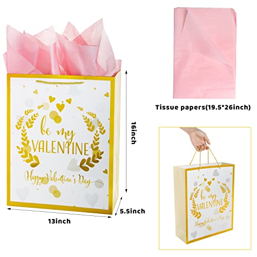 JOYIN 6 Pcs Valentine’s Day Gift Bags with Tissue Paper and Handles, Super Large 5.5 X13 X16 inch, Kraft Bags with 3 Designs for Kids Party Favor, Classroom Exchange Prizes, Present Wrapping