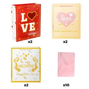 JOYIN 6 Pcs Valentine’s Day Gift Bags with Tissue Paper and Handles, Super Large 5.5 X13 X16 inch, Kraft Bags with 3 Designs for Kids Party Favor, Classroom Exchange Prizes, Present Wrapping