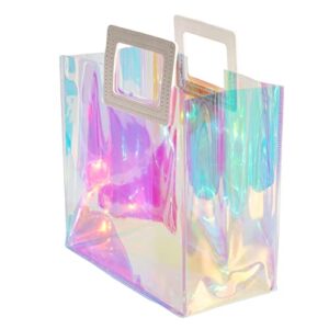 vuojur holographic small gift bag 8.3x8x4” clear reusable birthday gift bag for women girls iridescent christmas wedding gift bag with handle