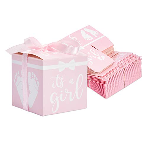 Sparkle and Bash Its a Girl Baby Shower Party Favor Boxes with Ribbons (Pink, 50 Pack)