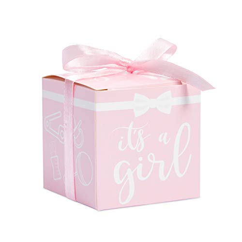 Sparkle and Bash Its a Girl Baby Shower Party Favor Boxes with Ribbons (Pink, 50 Pack)