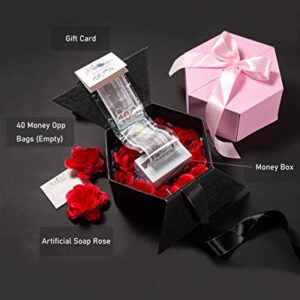 JSUPMKJ Money Box for Cash Gift Pull, Money Roll Gift Box with Flower, 9 inches Large Gift Ribbon Box, Surprise Money Gift Box for Birthday/Christmas/Valentine's Day