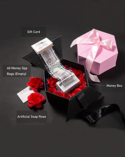 JSUPMKJ Money Box for Cash Gift Pull, Money Roll Gift Box with Flower, 9 inches Large Gift Ribbon Box, Surprise Money Gift Box for Birthday/Christmas/Valentine's Day