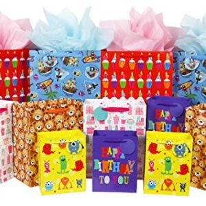 12 Pcs Kids gift bags, Large, Medium and Small Gift Bags Assortment for Birthday, Party Favors, celebrate (Assorted Sizes)