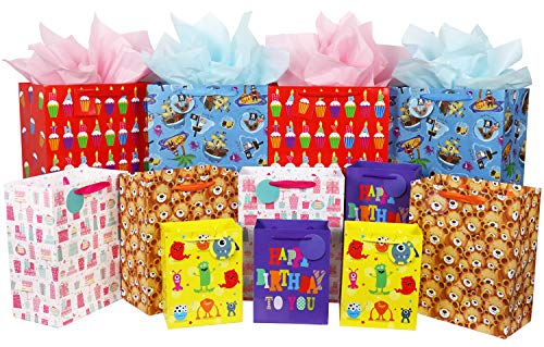 12 Pcs Kids gift bags, Large, Medium and Small Gift Bags Assortment for Birthday, Party Favors, celebrate (Assorted Sizes)