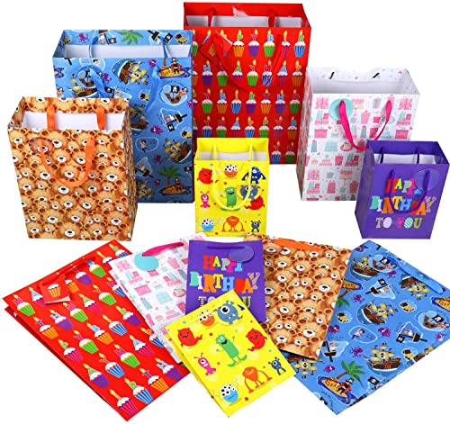 12 Pcs Kids gift bags, Large, Medium and Small Gift Bags Assortment for Birthday, Party Favors, celebrate (Assorted Sizes)