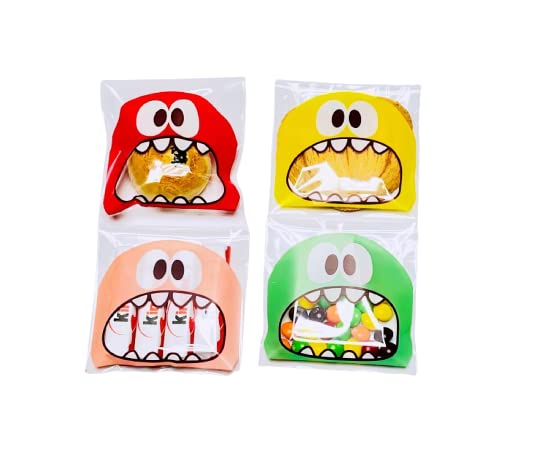 Alvene 400pcs Cookie Bags, Big Mouth Monster Self Adhesive Bags,4 x 4 Inch Flat Cellophane Goody Bags, DIY For Kids Party Favor, Candies Cookies And Chocolates (Four Colours)