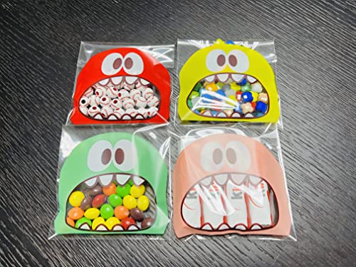 Alvene 400pcs Cookie Bags, Big Mouth Monster Self Adhesive Bags,4 x 4 Inch Flat Cellophane Goody Bags, DIY For Kids Party Favor, Candies Cookies And Chocolates (Four Colours)