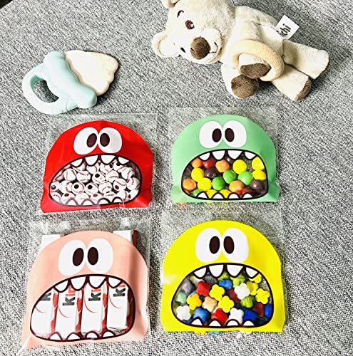 Alvene 400pcs Cookie Bags, Big Mouth Monster Self Adhesive Bags,4 x 4 Inch Flat Cellophane Goody Bags, DIY For Kids Party Favor, Candies Cookies And Chocolates (Four Colours)