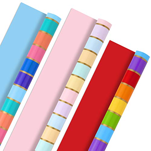 Hallmark Reversible Rainbow Wrapping Paper (3 Rolls: 75 sq. ft. ttl) Pastel, Jewel Tone, Classic Stripes, Solid Pink, Blue, Red for Easter, Birthdays, Weddings, Bridal Showers, Baby, Back to School