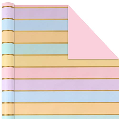 Hallmark Reversible Rainbow Wrapping Paper (3 Rolls: 75 sq. ft. ttl) Pastel, Jewel Tone, Classic Stripes, Solid Pink, Blue, Red for Easter, Birthdays, Weddings, Bridal Showers, Baby, Back to School