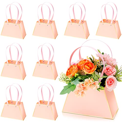 8 Pieces Wedding Portable Gift Bag Bouquet Wrapping Paper Bag Waterproof Flower Boxes for Arrangements with Handle Empty Florist Packaging Floral Gift Bag for Birthday Graduation Mother's Day (Pink)