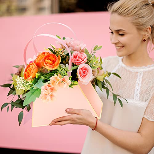 8 Pieces Wedding Portable Gift Bag Bouquet Wrapping Paper Bag Waterproof Flower Boxes for Arrangements with Handle Empty Florist Packaging Floral Gift Bag for Birthday Graduation Mother's Day (Pink)