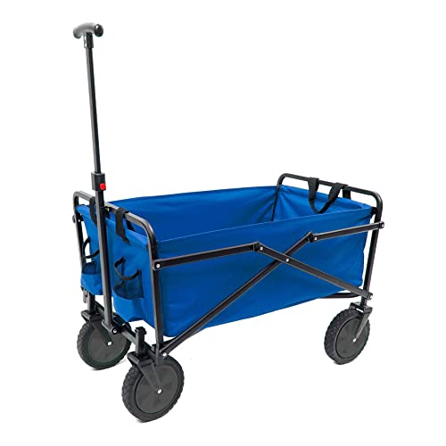 Seina Heavy Duty Steel Compact Collapsible Folding Outdoor Portable Utility Cart Wagon w/All Terrain Rubber Wheels and 150 Pound Capacity, Blue