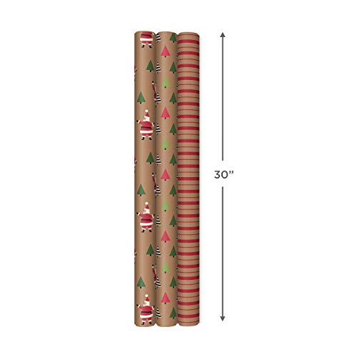 Hallmark Recyclable Christmas Wrapping Paper with Cut Lines on Reverse (3 Rolls: 90 sq. ft. ttl) Kraft Brown with Santas, Green Trees, Red Stripes