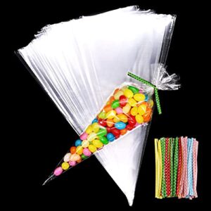 Pack of 100 Sweet Bags, 25 x 13 cm, Candy Bar Bags, Cone Bag, Cellophane Bags with 100 Twist Ties, Gift Bags for Sweets, Chocolate, Sweets, Biscuits