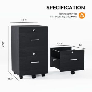 VINGLI 2-Drawer Small Rolling File Cabinet with Lock, Wood Filing Cabinet for Hanging Letter Size Filings with Tabs, Mobile Under Desk File Cabinet for Home Office, Classic Black, 27.2" H