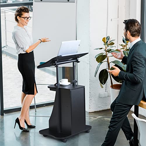 Tangkula Mobile Laptop Podium, Height Adjustable Sit to Stand Desk with Tilting Desktop & Storage Cabinet, Ergonomic Rolling Lectern Cart Laptop Desk, Office Podium Stand on Wheels (1)