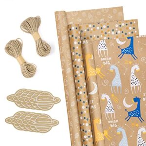 biobrown wrapping paper rolls with tags and jute string -giraffe designs for birthday,holiday, baby shower packing -3 rolls-17 inch x 10 feet per roll