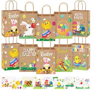 aodaer 16 pieces diy easter kraft paper gift bags with handles kraft paper treat bags and 16 sheets cute diy stickers bunny chicks easter egg for easter decoration party favor egg hunt