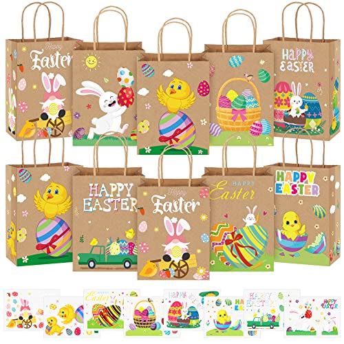 Aodaer 16 Pieces DIY Easter Kraft Paper Gift Bags with Handles Kraft Paper Treat Bags and 16 Sheets Cute DIY Stickers Bunny Chicks Easter Egg for Easter Decoration Party Favor Egg Hunt