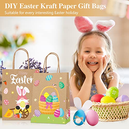 Aodaer 16 Pieces DIY Easter Kraft Paper Gift Bags with Handles Kraft Paper Treat Bags and 16 Sheets Cute DIY Stickers Bunny Chicks Easter Egg for Easter Decoration Party Favor Egg Hunt