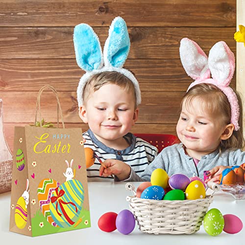 Aodaer 16 Pieces DIY Easter Kraft Paper Gift Bags with Handles Kraft Paper Treat Bags and 16 Sheets Cute DIY Stickers Bunny Chicks Easter Egg for Easter Decoration Party Favor Egg Hunt