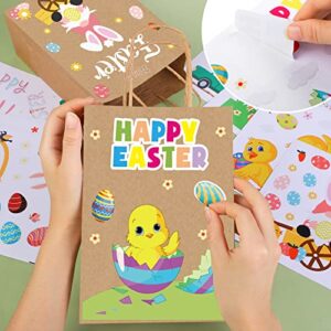 Aodaer 16 Pieces DIY Easter Kraft Paper Gift Bags with Handles Kraft Paper Treat Bags and 16 Sheets Cute DIY Stickers Bunny Chicks Easter Egg for Easter Decoration Party Favor Egg Hunt