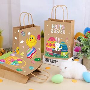 Aodaer 16 Pieces DIY Easter Kraft Paper Gift Bags with Handles Kraft Paper Treat Bags and 16 Sheets Cute DIY Stickers Bunny Chicks Easter Egg for Easter Decoration Party Favor Egg Hunt