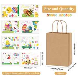 Aodaer 16 Pieces DIY Easter Kraft Paper Gift Bags with Handles Kraft Paper Treat Bags and 16 Sheets Cute DIY Stickers Bunny Chicks Easter Egg for Easter Decoration Party Favor Egg Hunt