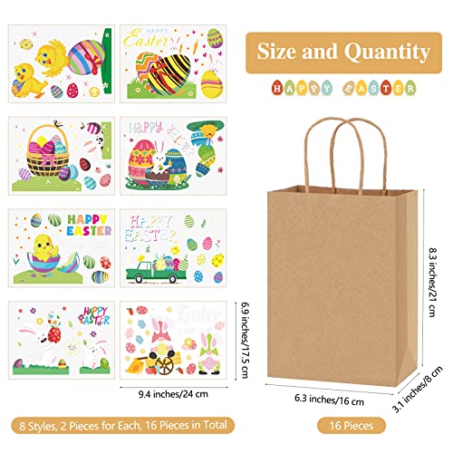 Aodaer 16 Pieces DIY Easter Kraft Paper Gift Bags with Handles Kraft Paper Treat Bags and 16 Sheets Cute DIY Stickers Bunny Chicks Easter Egg for Easter Decoration Party Favor Egg Hunt