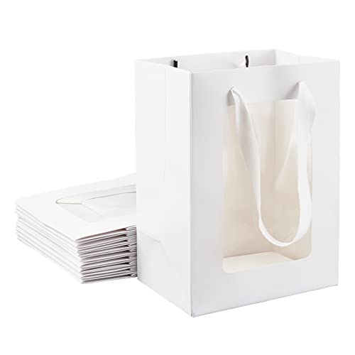 BENECREAT 10 Packs White Kraft Paper Bag with Clear Window 8x6x4 Gift Bags with Handle for Wedding Favor, Proposal Candy Gift Packing