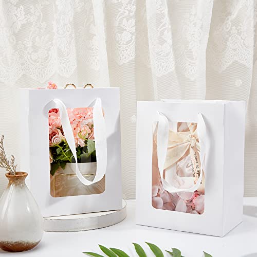 BENECREAT 10 Packs White Kraft Paper Bag with Clear Window 8x6x4 Gift Bags with Handle for Wedding Favor, Proposal Candy Gift Packing