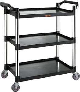 vevor utility service cart, 3 shelf heavy duty 154lbs food service cart, rolling utility cart with lockable wheels, 32.7″ x 15.7″ x 37.4″ plastic utility cart for kitchen office restaurant home, black