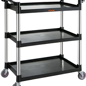 VEVOR Utility Service Cart, 3 Shelf Heavy Duty 154LBS Food Service Cart, Rolling Utility Cart with Lockable Wheels, 32.7" x 15.7" x 37.4" Plastic Utility Cart for Kitchen Office Restaurant Home, Black