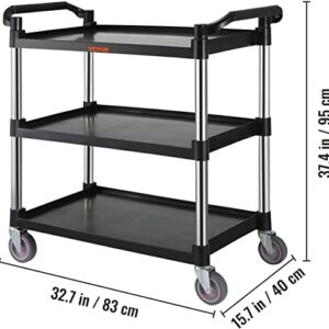 VEVOR Utility Service Cart, 3 Shelf Heavy Duty 154LBS Food Service Cart, Rolling Utility Cart with Lockable Wheels, 32.7" x 15.7" x 37.4" Plastic Utility Cart for Kitchen Office Restaurant Home, Black