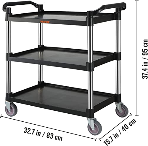 VEVOR Utility Service Cart, 3 Shelf Heavy Duty 154LBS Food Service Cart, Rolling Utility Cart with Lockable Wheels, 32.7" x 15.7" x 37.4" Plastic Utility Cart for Kitchen Office Restaurant Home, Black