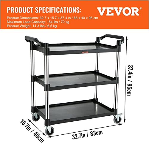 VEVOR Utility Service Cart, 3 Shelf Heavy Duty 154LBS Food Service Cart, Rolling Utility Cart with Lockable Wheels, 32.7" x 15.7" x 37.4" Plastic Utility Cart for Kitchen Office Restaurant Home, Black